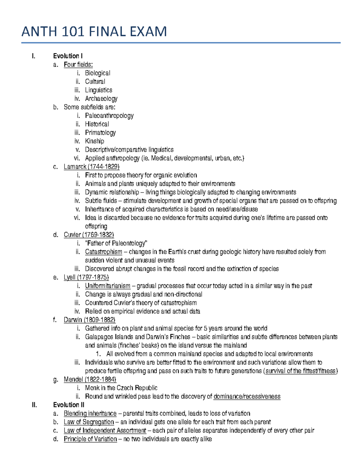 Final Exam - Outline - ANTH 101 FINAL EXAM I. Evolution I a. Four ...