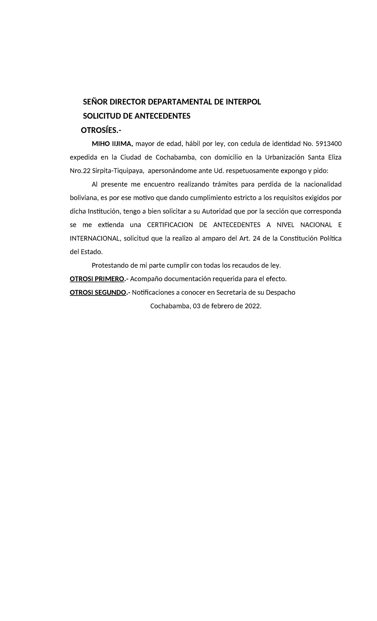 Memorial Certificacion interpol - SEÑOR DIRECTOR DEPARTAMENTAL DE ...