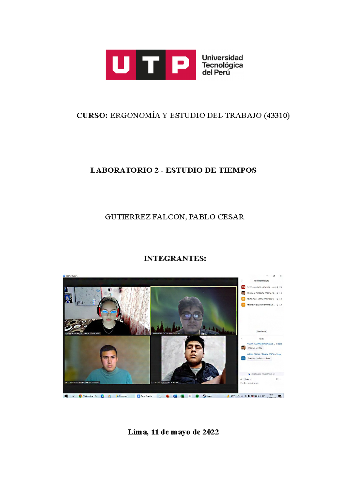 Laboratorio 2- Completo - CURSO: ERGONOMÍA Y ESTUDIO DEL TRABAJO (43310) LABORATORIO 2 - ESTUDIO ...