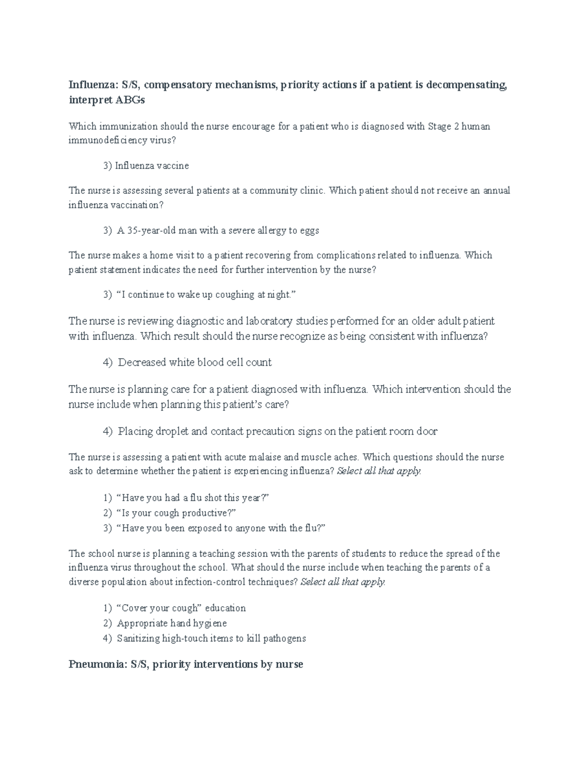 Medsurg Study Guide - Influenza: S/S, compensatory mechanisms, priority ...