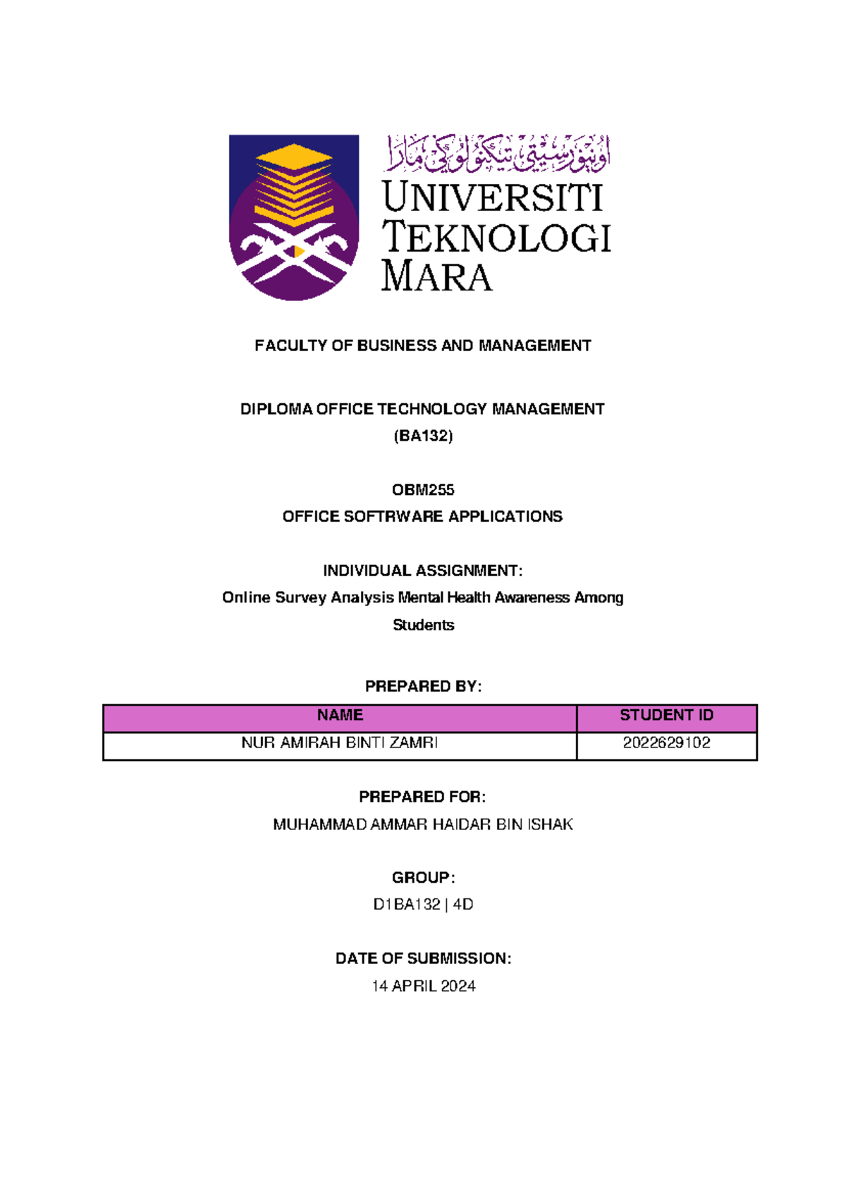Report Survey OBM255 - FACULTY OF BUSINESS AND MANAGEMENT DIPLOMA ...