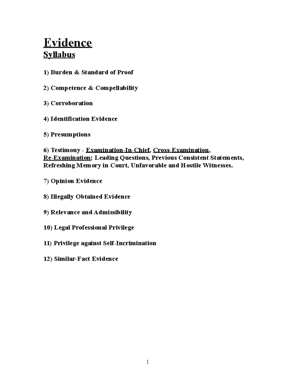 Evidence LS - Essential Notes - Evidence Syllabus 1) Burden & Standard ...