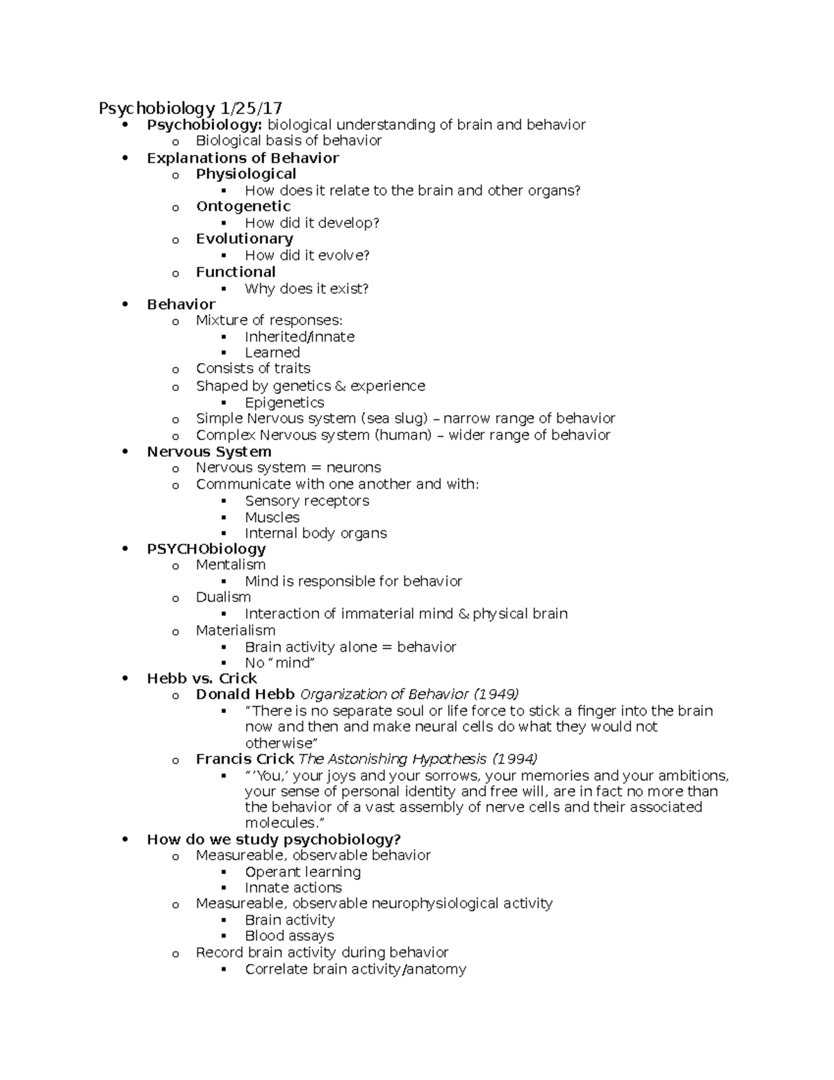 Psychobio Class Notes Exam1 - Psychobiology Psychobiology: biological ...