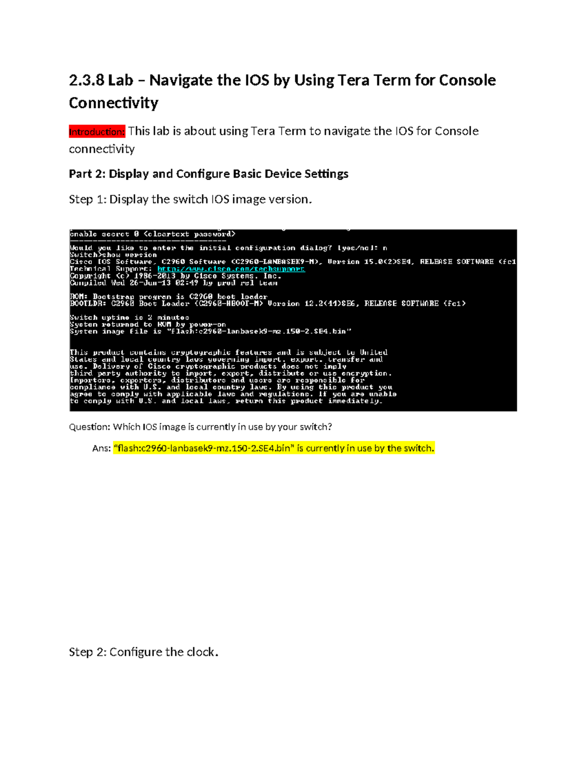 2.3.8 networking lab final - CNET201 - 2.3 Lab – Navigate the IOS by Using Tera Term for Console ...