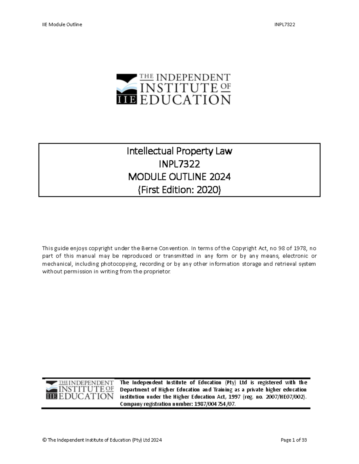 Intellectual property Module outline 2024 - Intellectual Property Law ...