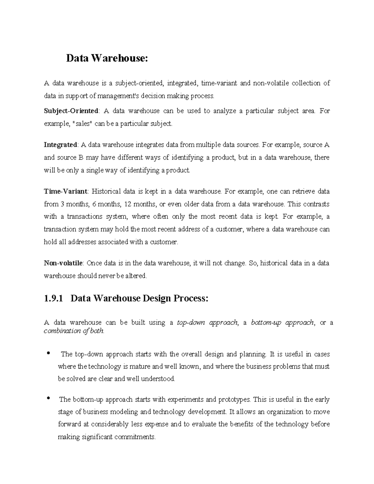 Data Warehouse - NOTES - Data Warehouse: A data warehouse is a subject ...