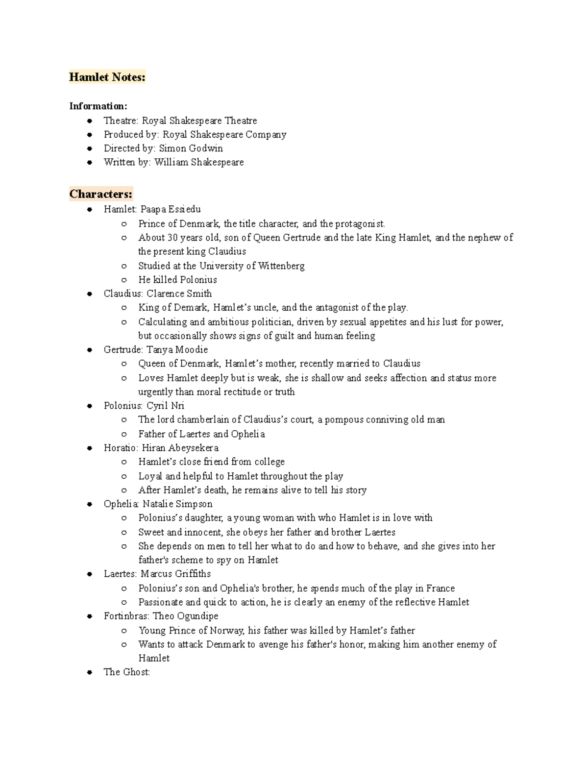 Hamlet Video Notes - Hamlet Notes: Information: Theatre: Royal ...