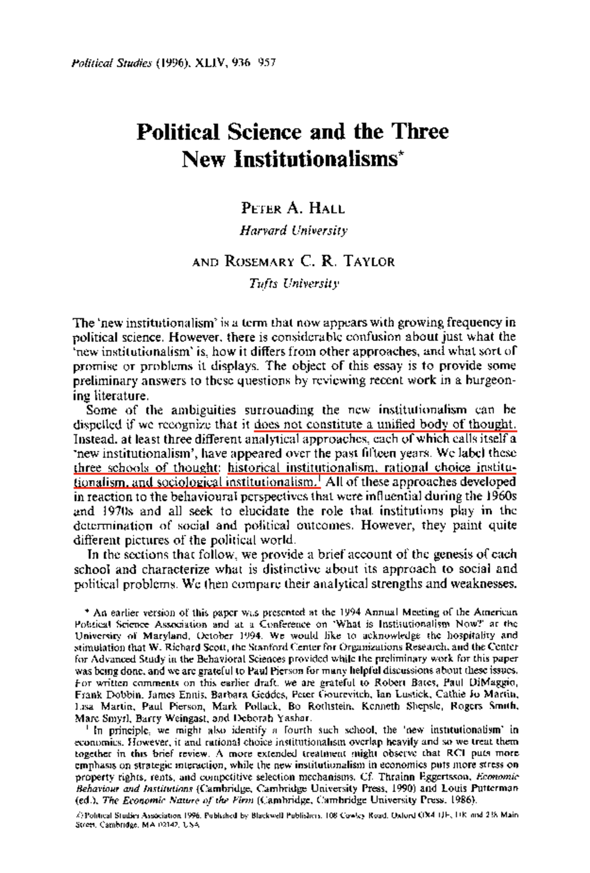 Three New Institutionalism - Political Studies (1996), XLIV, 936 ...