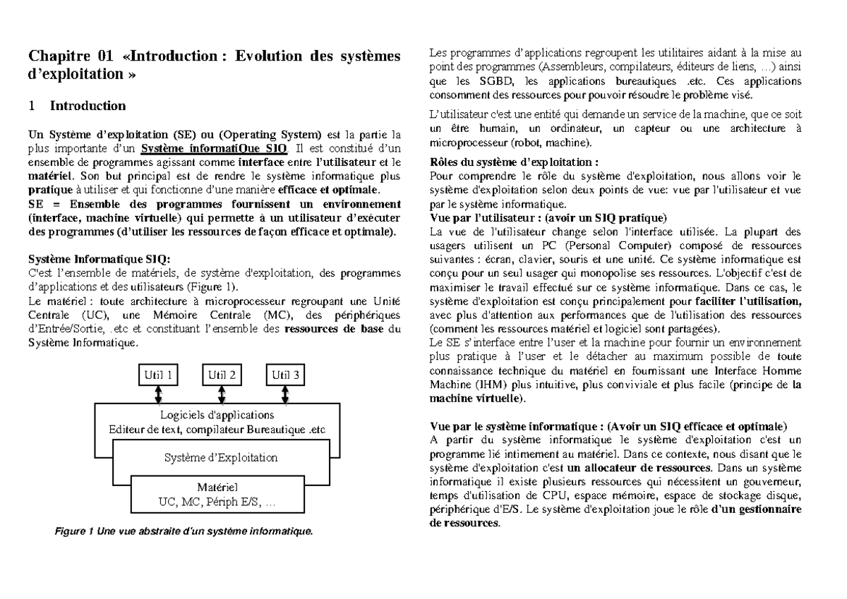 Chapitre 1 Systèmes dexploitation 1 - Chapitre 01 «Introduction : Evolution des systèmes - Studocu