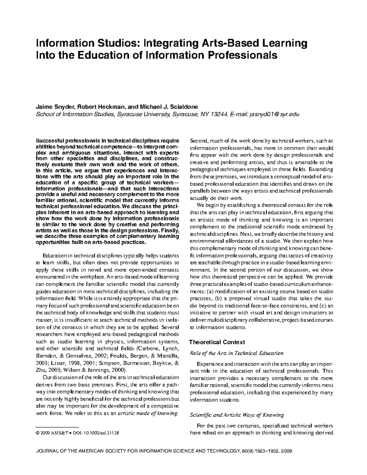 Snyder - Information studios - Information Studios: Integrating Arts ...