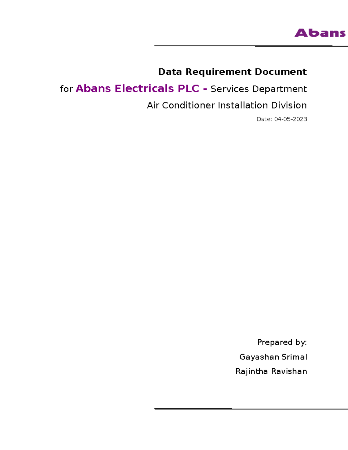 Data Requirement Document for Abans Service Dept - Data Requirement Document for Abans ...