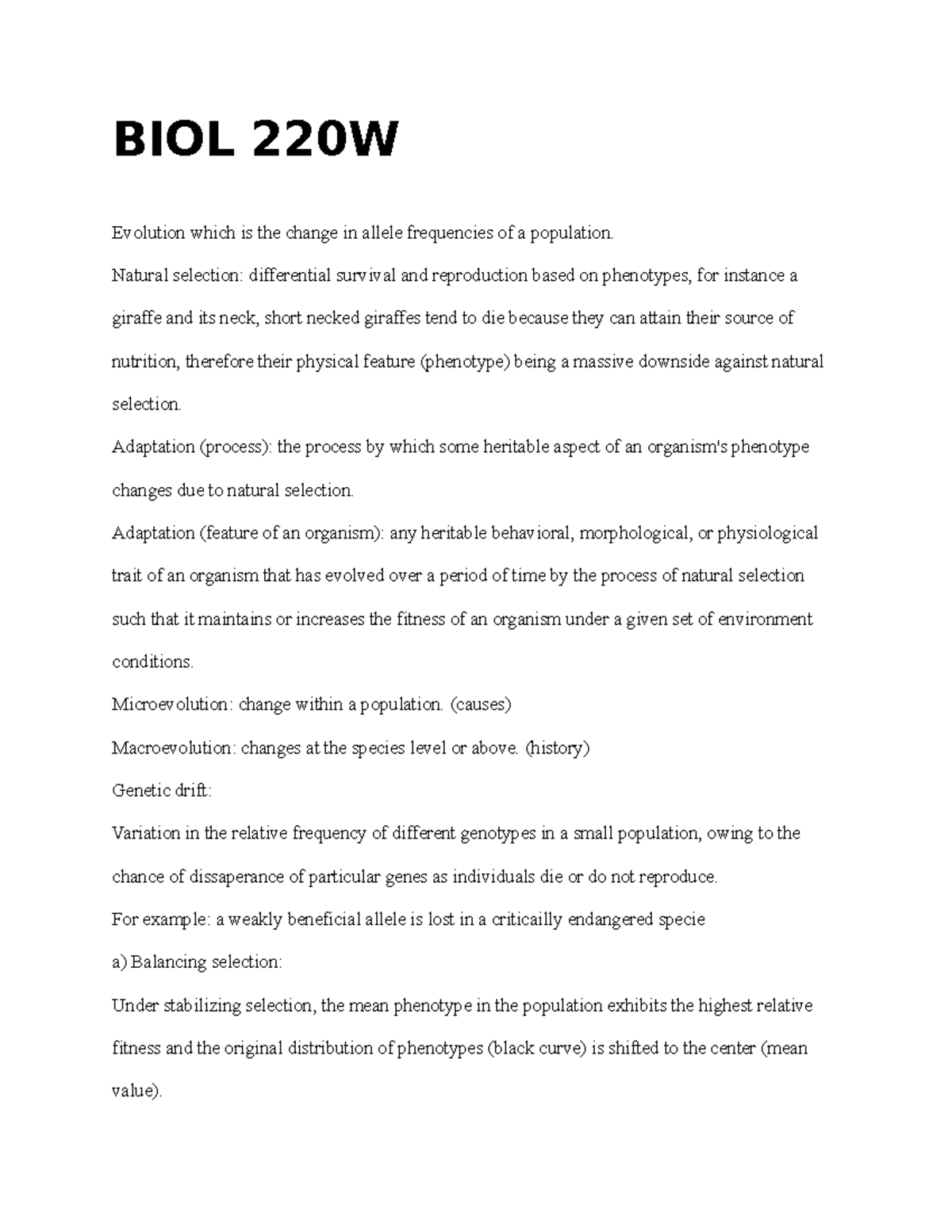 BIOL 220W - For first midterm - BIOL 220W Evolution which is the change ...