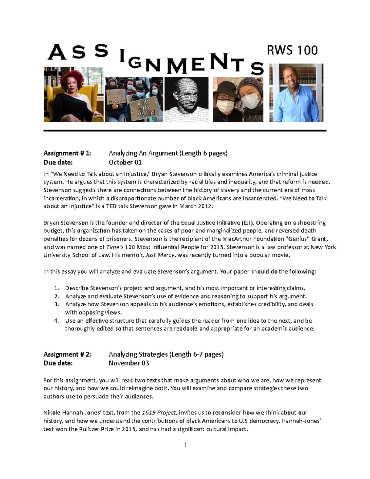 100assignments f2020 - assignments for RWS100 fall 2020 - Assignment # 1: Analyzing An Argument ...