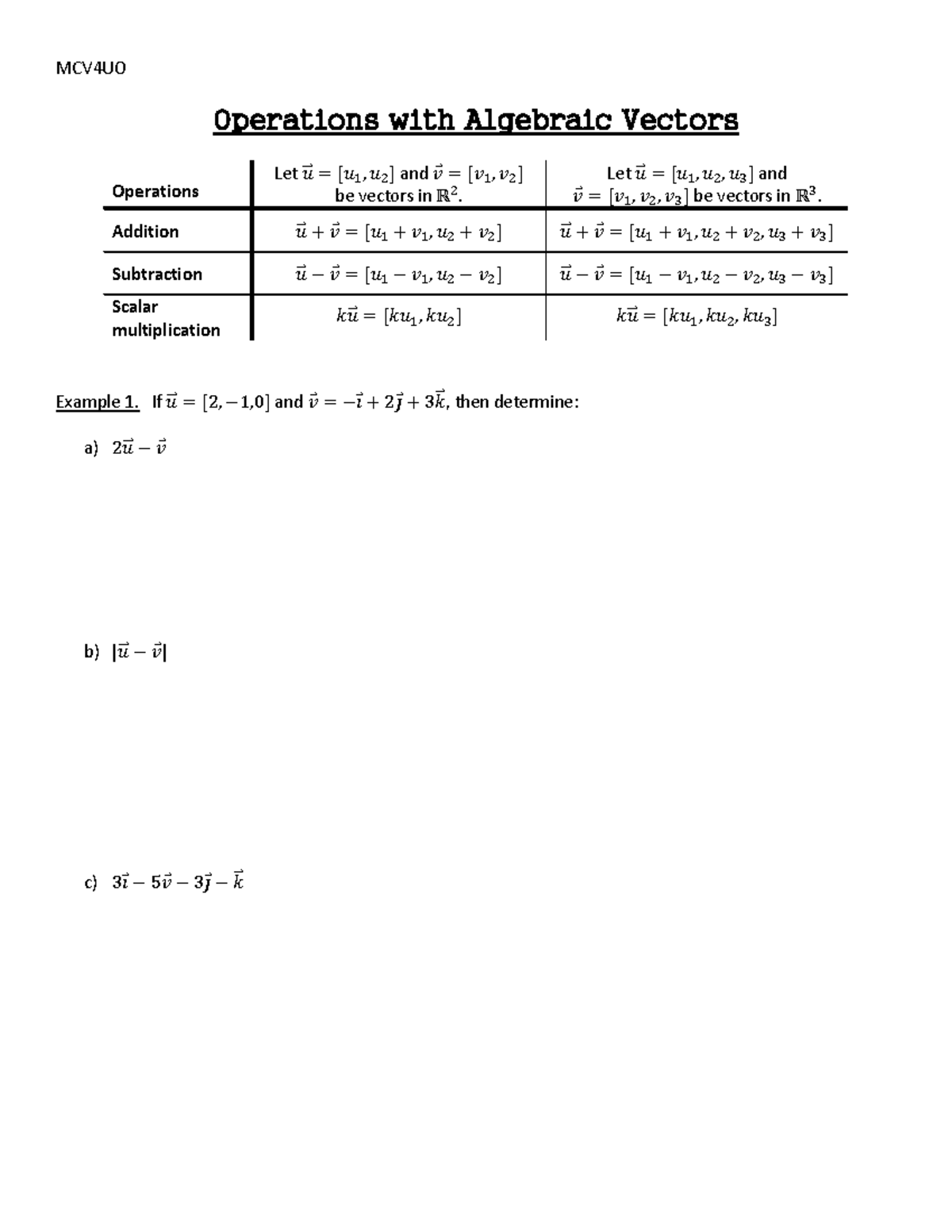 2.3 Algebraic Vector Operations Lesson - Copy - MCV4UO Operations with ...