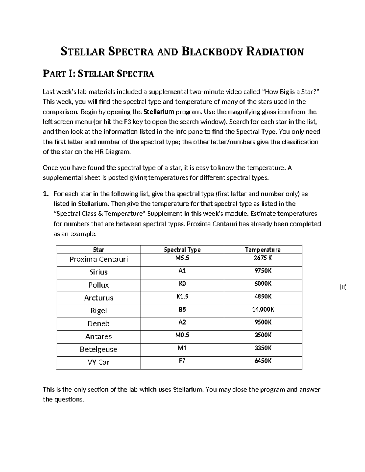 Stellar Spectra Astron Lab Stellar Spectra And Blackbody Radiation