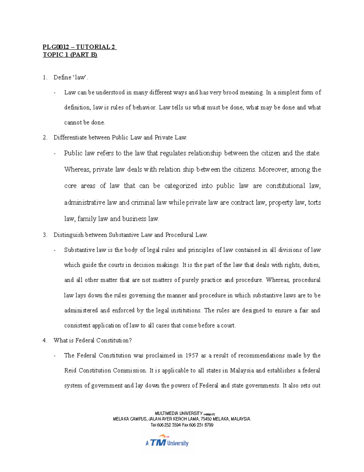 GPOL Tutorial Topic 1 ( Part B ) - General Principles of Law - MMU ...