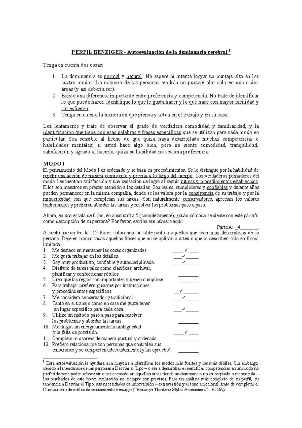 Prueba Benziger - PERFIL BENZIGER - Autoevaluación de la dominancia ...