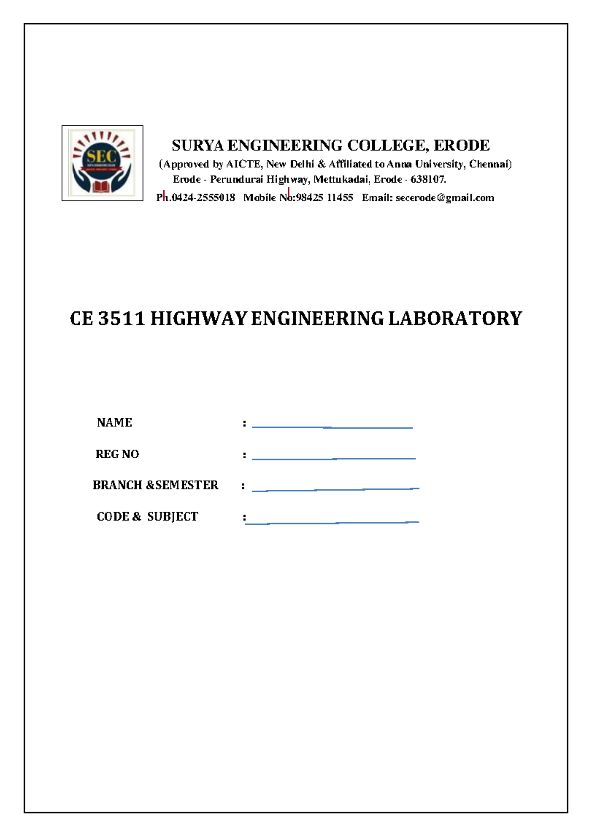 Ce3511 Highway Engineering Lab Manual 2021 - SURYA ENGINEERING COLLEGE ...