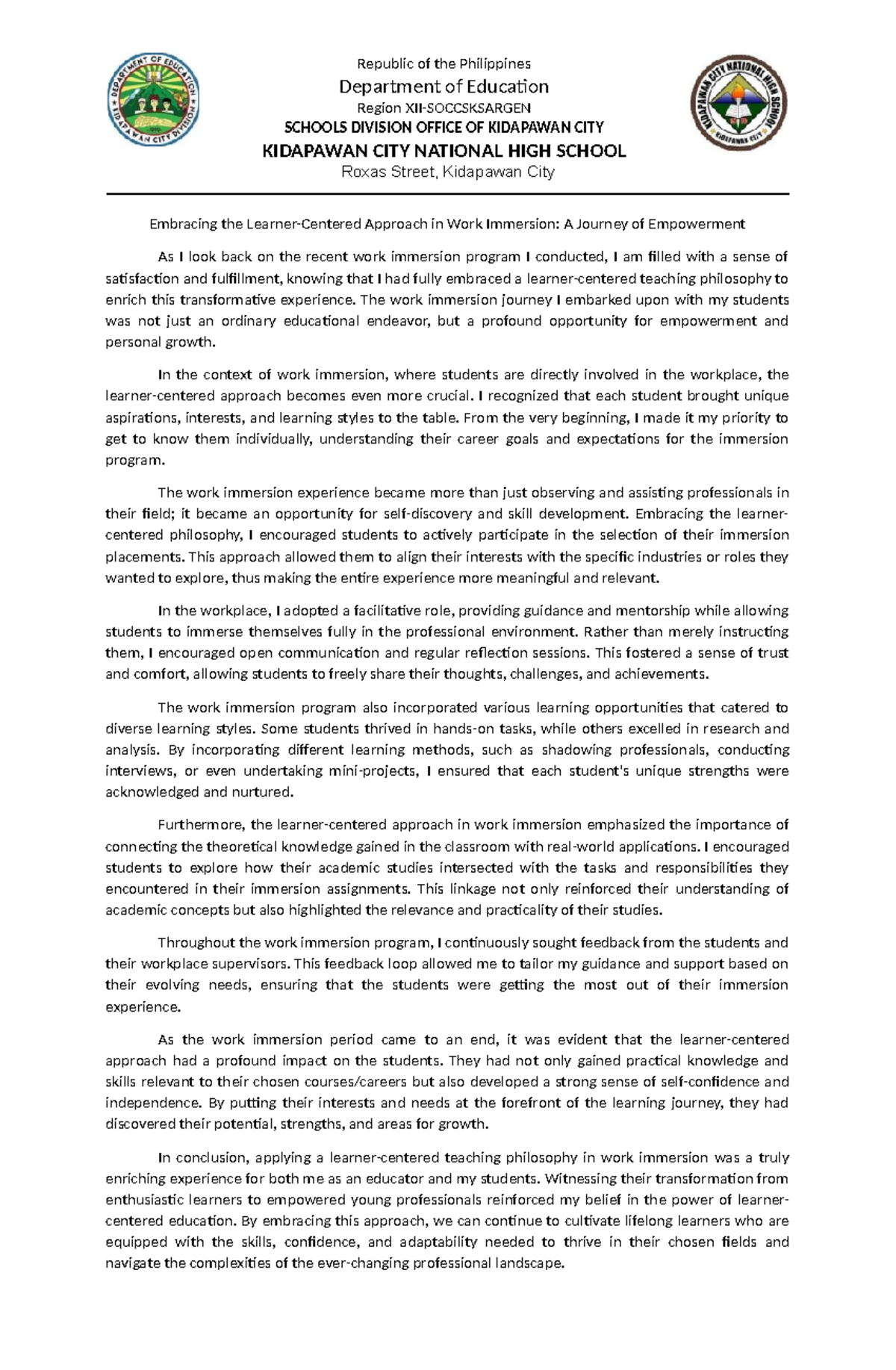 Work immersion reflection - Republic of the Philippines Department of ...
