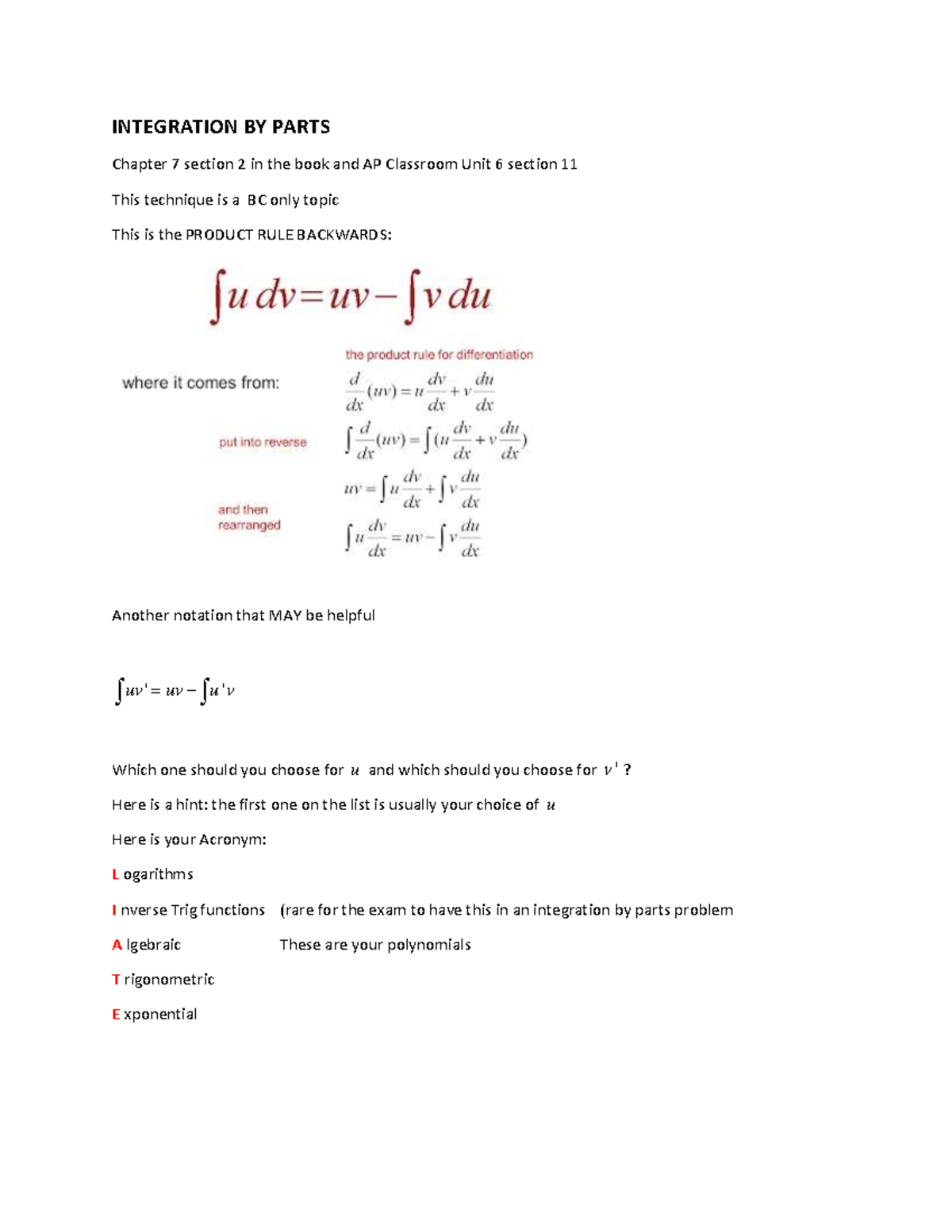 Integration BY Parts book chapter 7 section 2 and AP classroom unit 6 ...