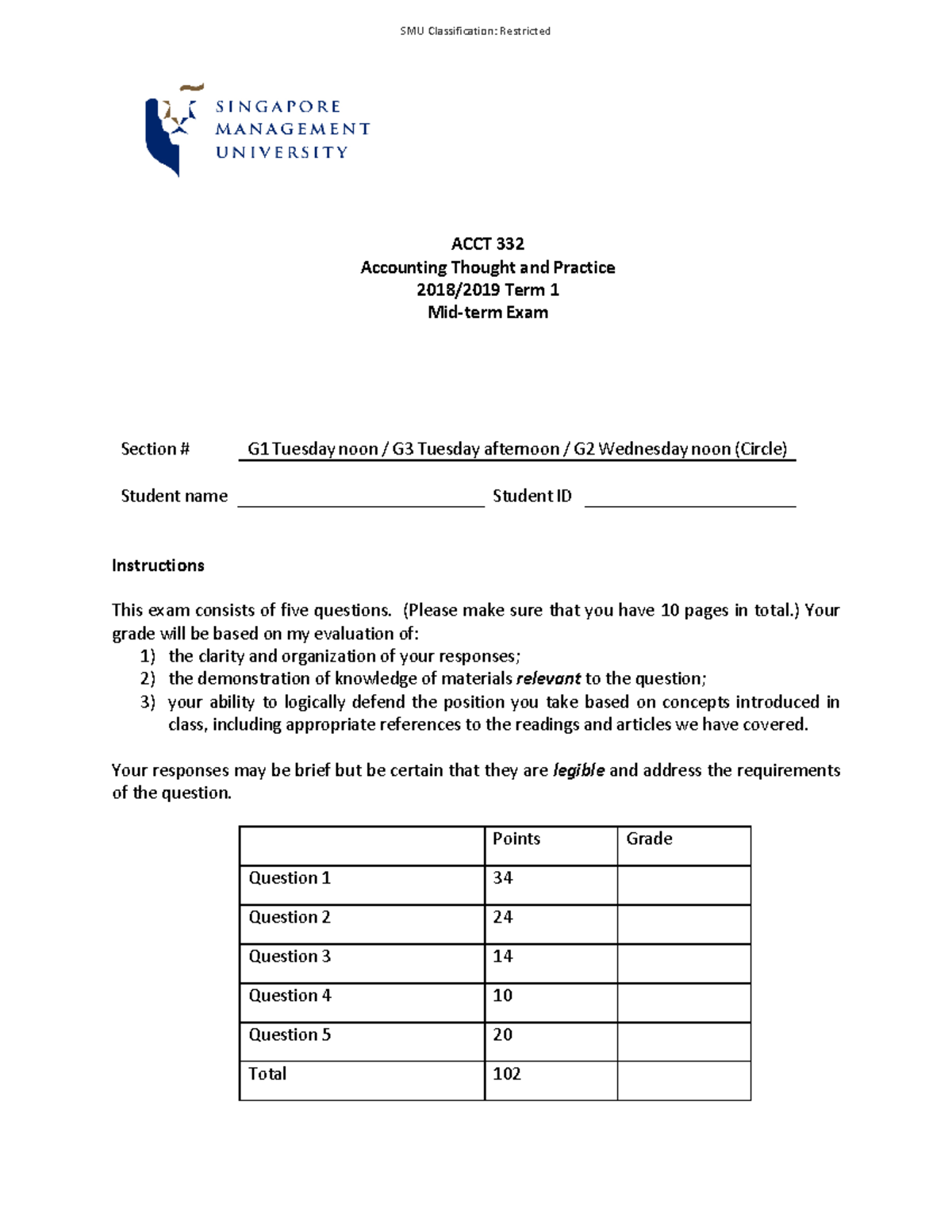 Acct332-Mid Term-2018 T1 v3 (Sample Solution) - SMU Classification ...