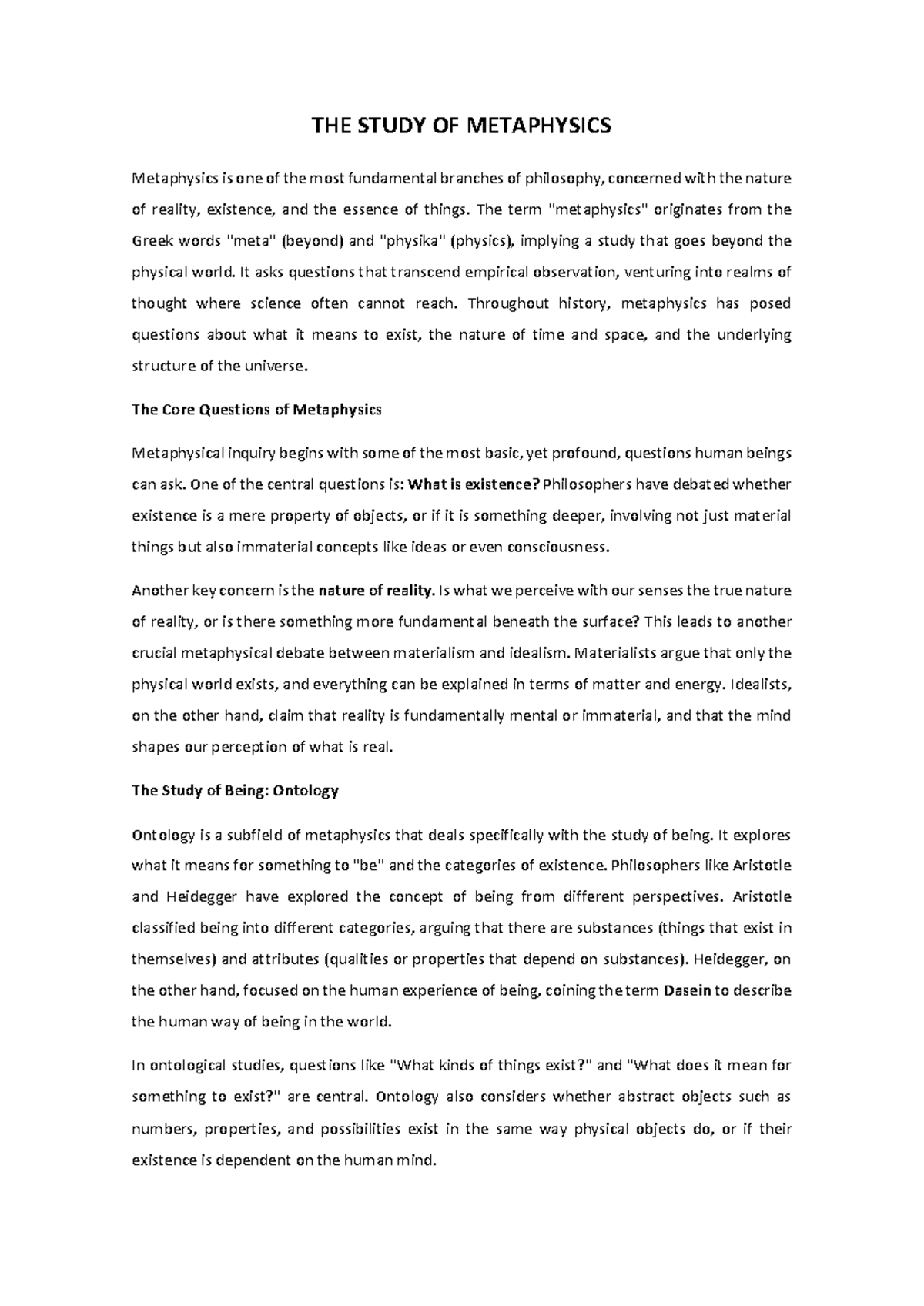 THE Study OF Metaphysics - THE STUDY OF METAPHYSICS Metaphysics is one ...