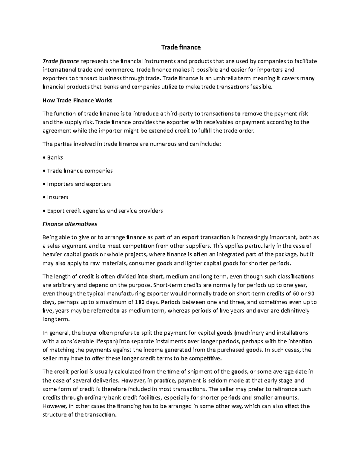 Trade finance lecture notes - Trade finance Trade finance represents ...