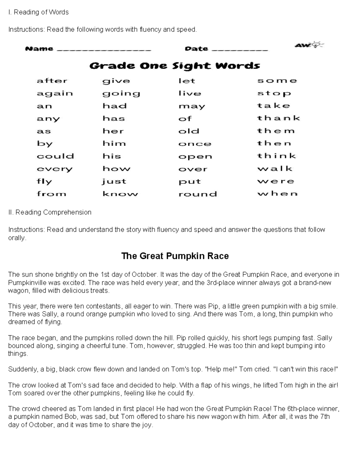 Fluency TEST - TEACHING CHILD TO BE FLUENT IN READING - I. Reading of ...