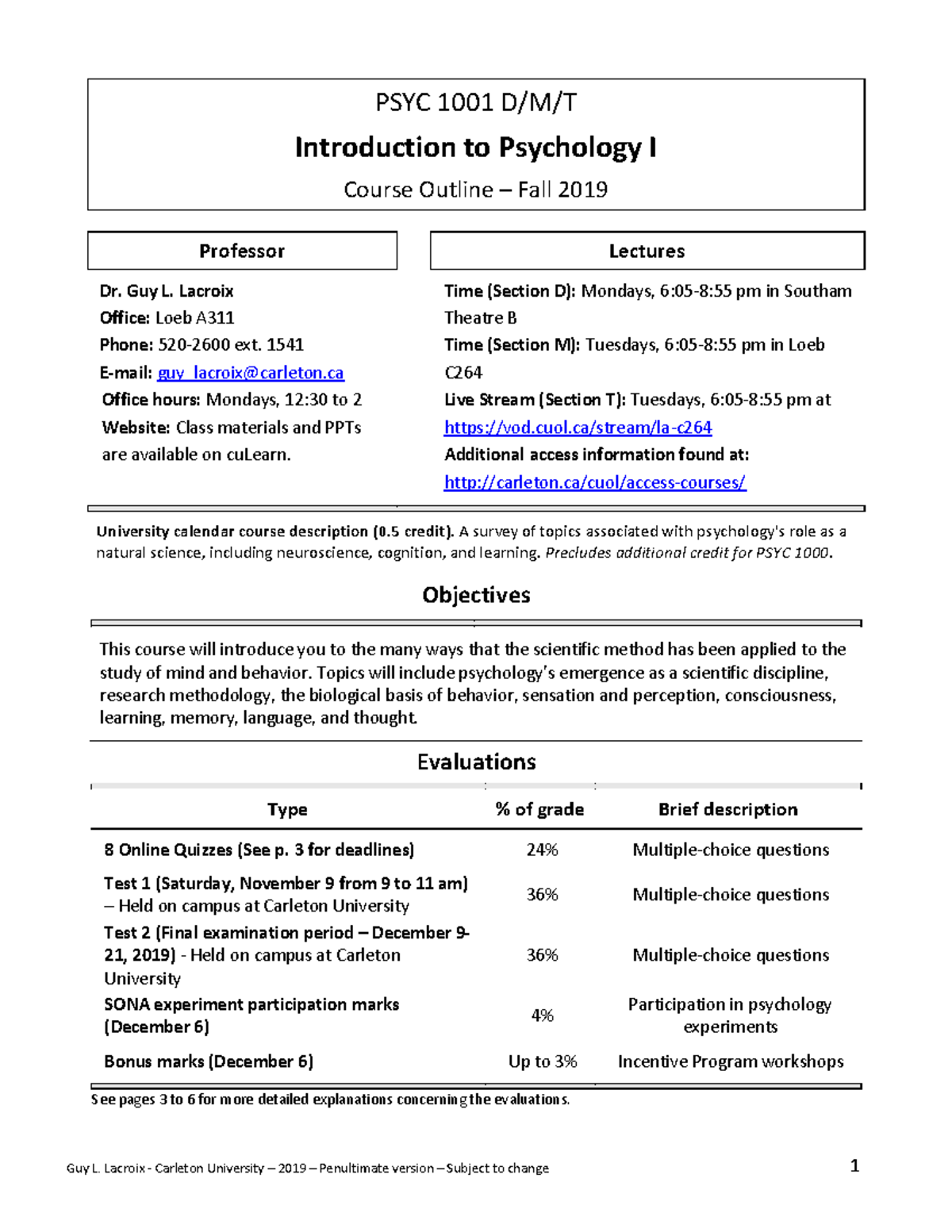 Cognition – PSYC 2F20 - Course Outline - PSYC 1001 D/M/T Introduction to Psychology I Course ...
