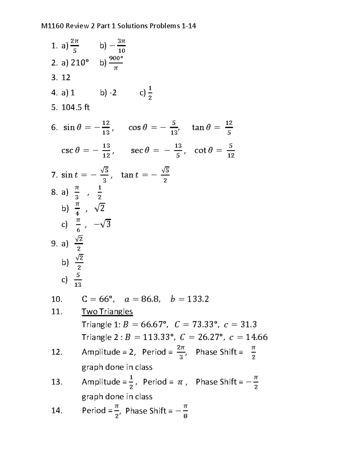 Math 1160 Test Review 2 Problems 1-14 - M1160 Review 2 Part 1 Solutions ...