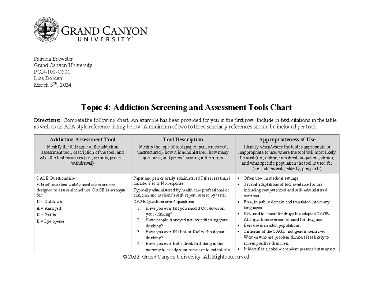 PCN 100 RS T4 Addiction Screening Assessment Tool Chart - Patricia Brewster Grand Canyon ...
