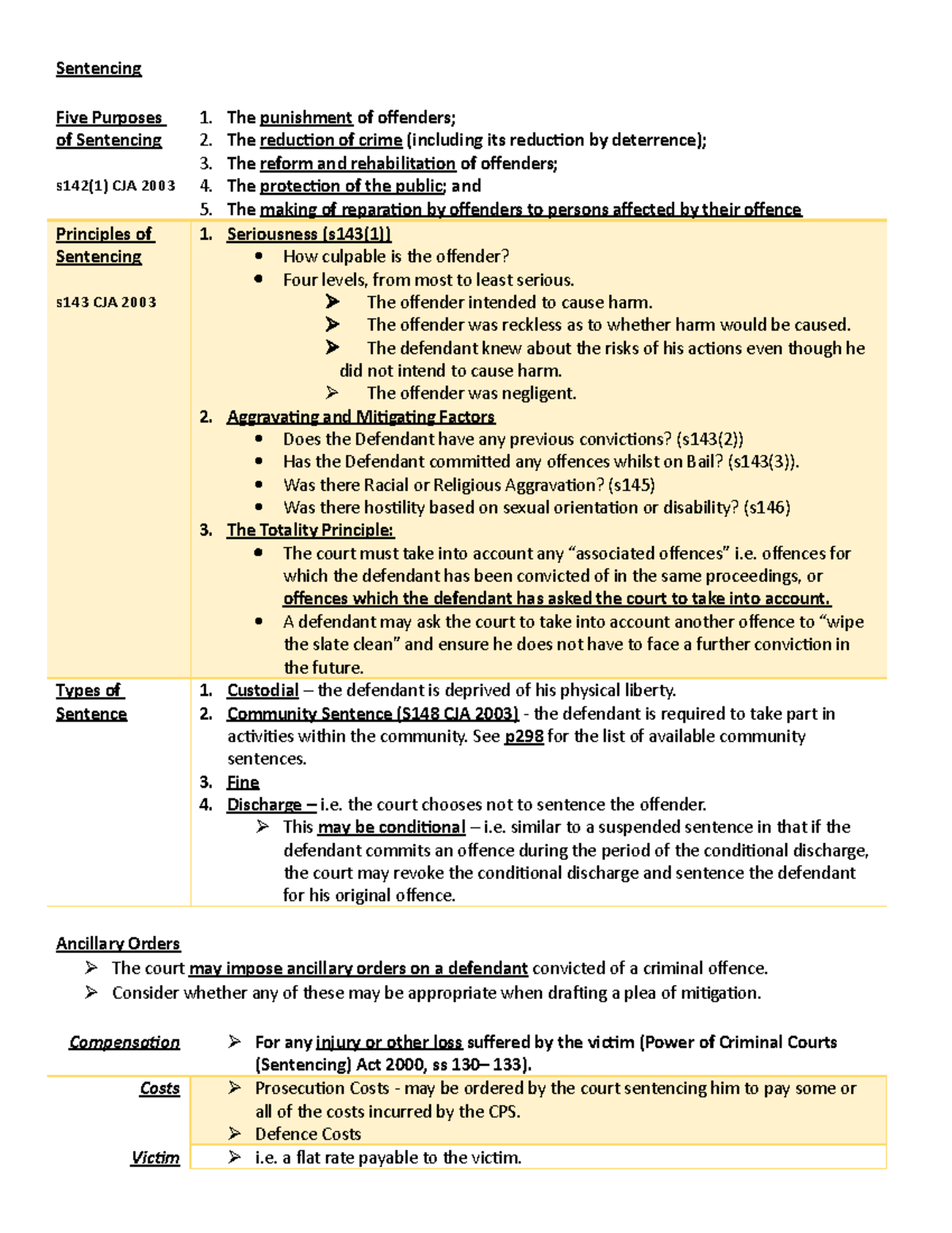 Sentencing - Criminal Law - Sentencing Five Purposes of Sentencing s142 ...