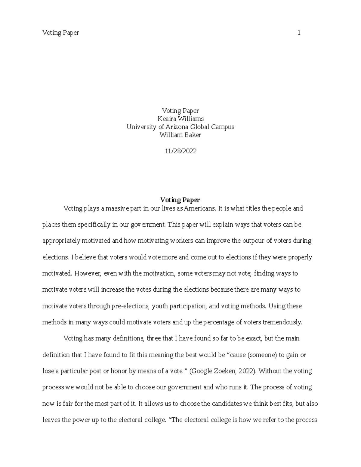 POL201 Final Paper - Voting Paper Keaira Williams University of Arizona ...