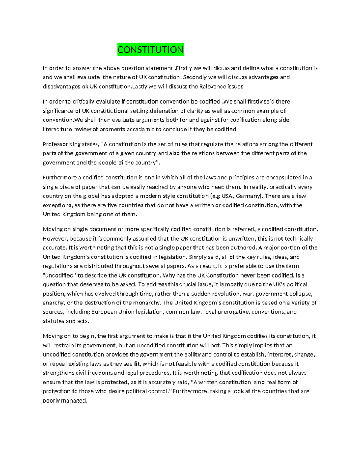 Constitution - Public Law Essays - CONSTITUTION In order to answer the ...