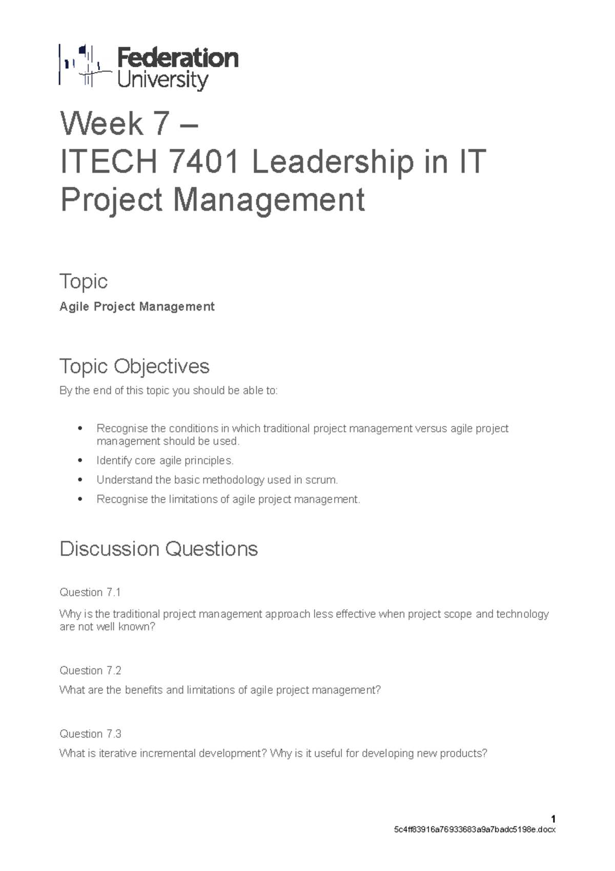 Itech 7401 07 tutorial - lab task - Week 7 – ITECH 7401 Leadership in IT Project Management ...