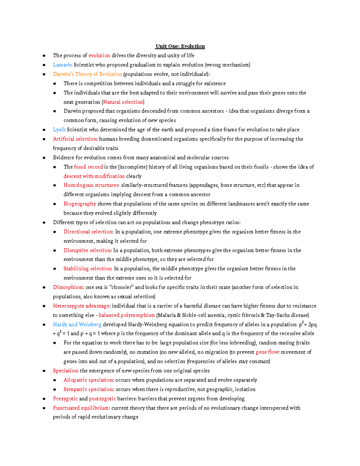 AP Biology - All Units - Unit One: Evolution The process of evolution ...
