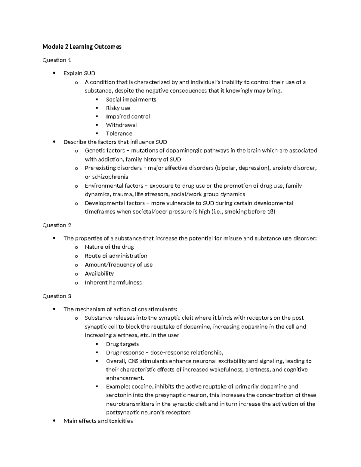 Module 2 Learning Outcomes - Module 2 Learning Outcomes Question 1 Explain SUD o A condition ...