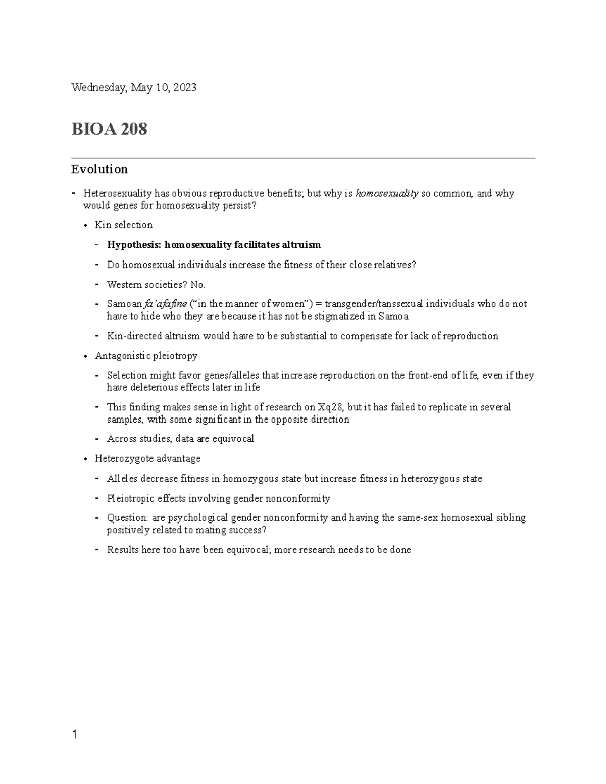 BIO A 208 Evolution - kin selection, antagonistic pleiotropy ...