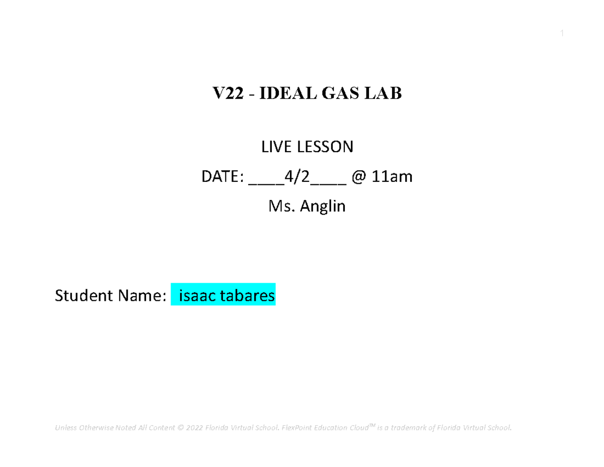 Copy of 4 22 V22 6.05 Gas Laws Lab - V22 - IDEAL GAS LAB LIVE LESSON ...