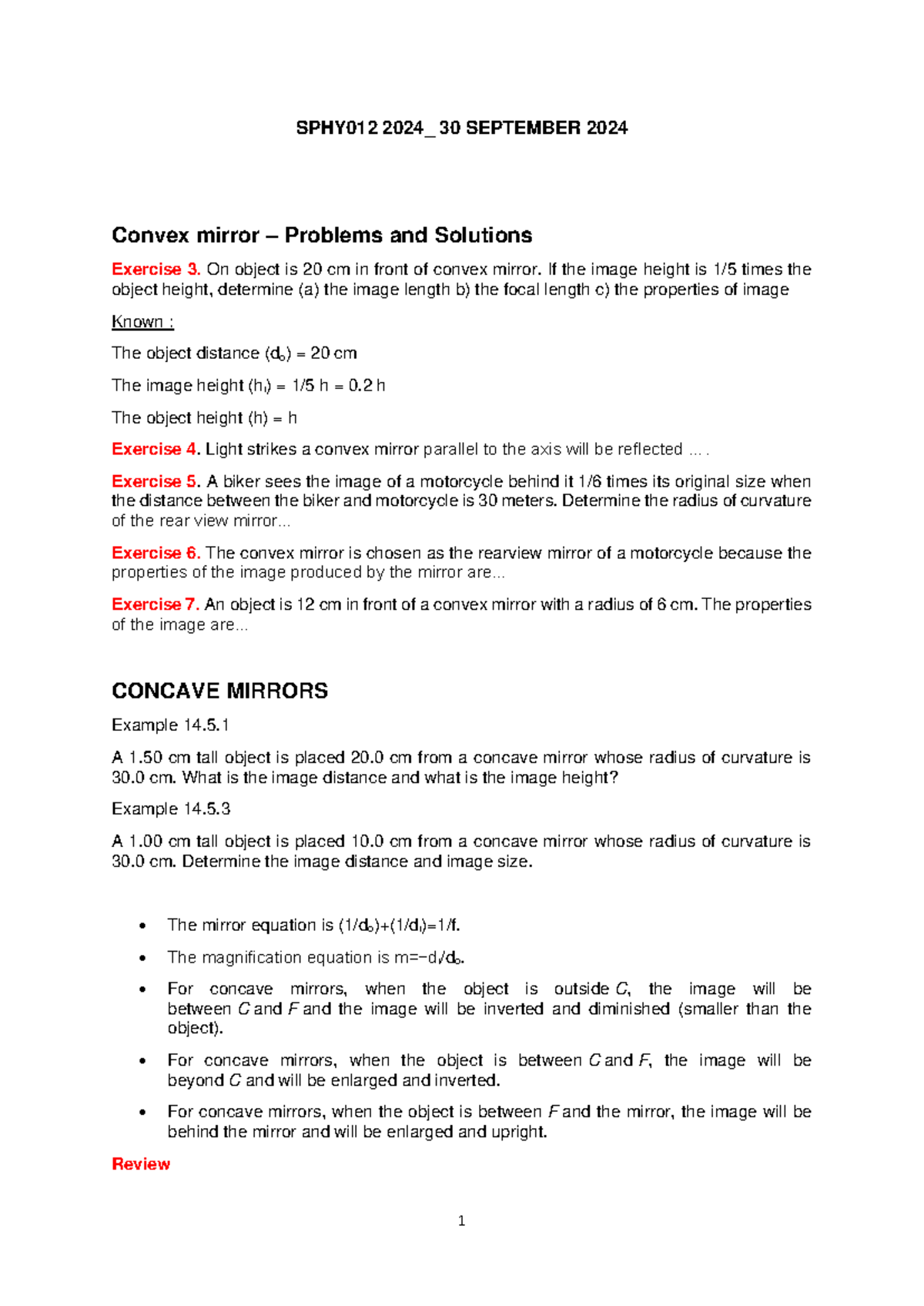 SPHY012 TERM FOUR Extra Material 02 OCT 2024 - Convex mirror – Problems ...