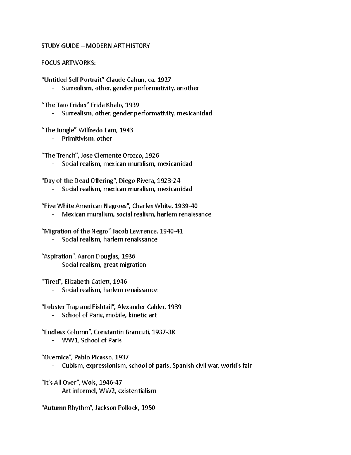 Study Guide 4 - STUDY GUIDE – MODERN ART HISTORY FOCUS ARTWORKS ...