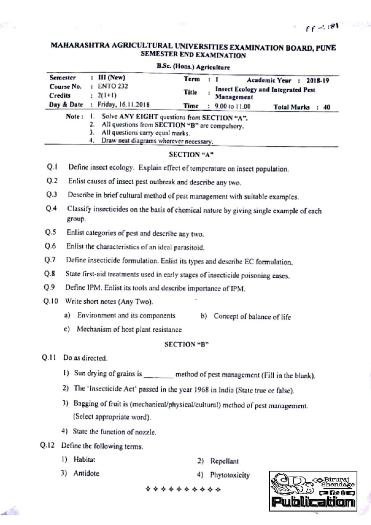 ENTO 232 Model Ans BS - Agricultural microbiology is a branch of ...
