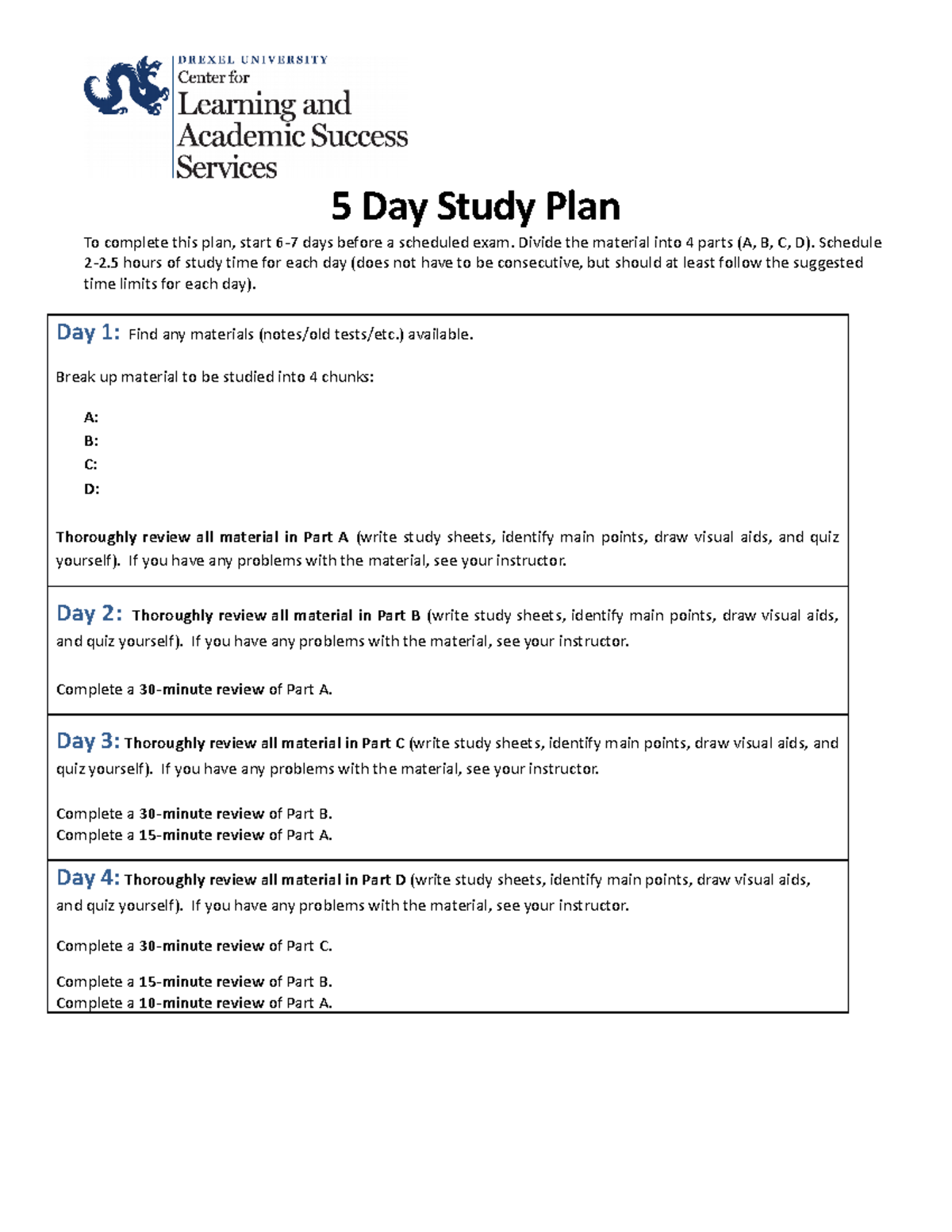 Five Day Study Plan - Notes - 5 Day Study Plan To complete this plan ...