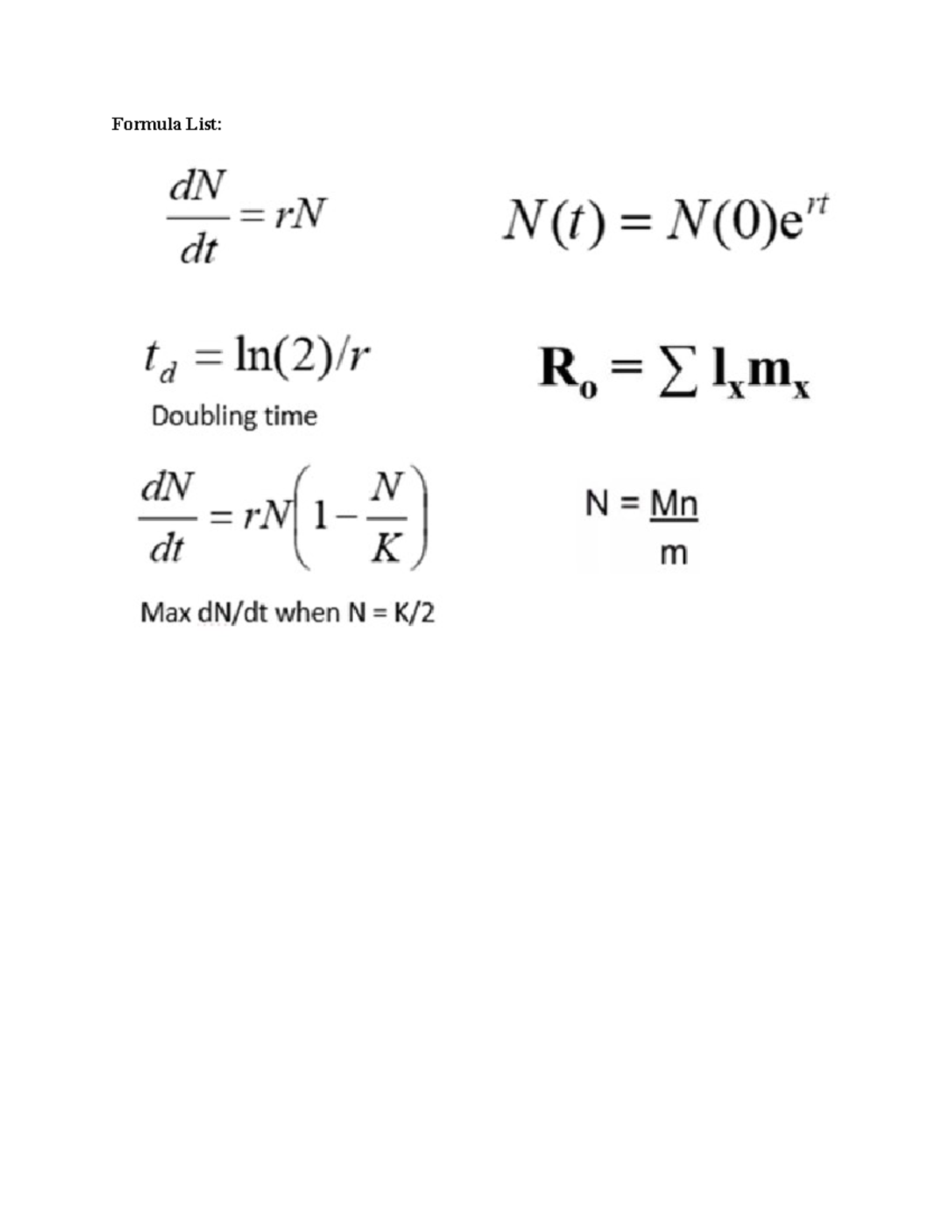 Population Ecology Formula List2 - Criminal Law - Formula List: - Studocu