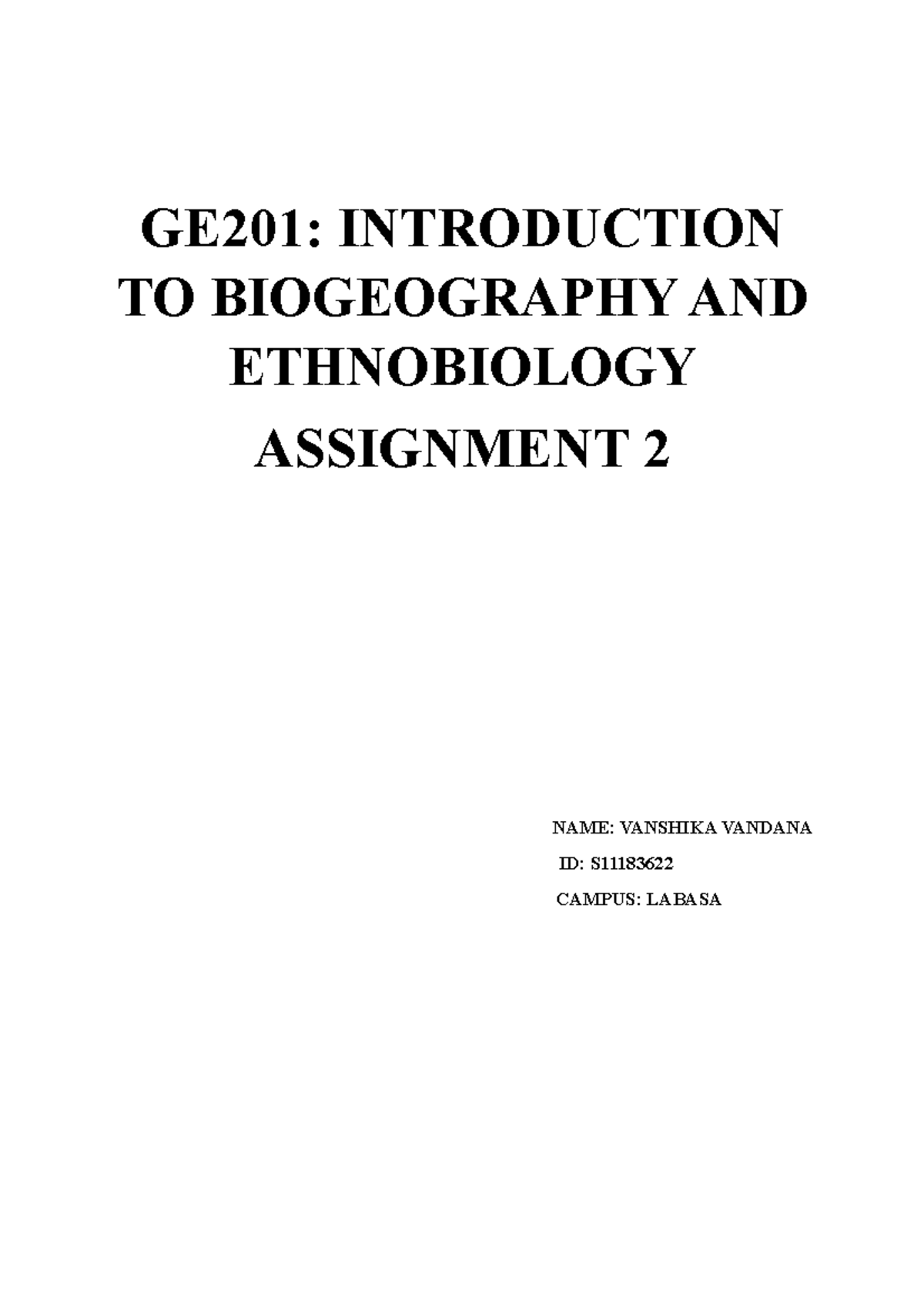 S11183622 GE201 Assignment 2 - GE201: INTRODUCTION TO BIOGEOGRAPHY AND ...