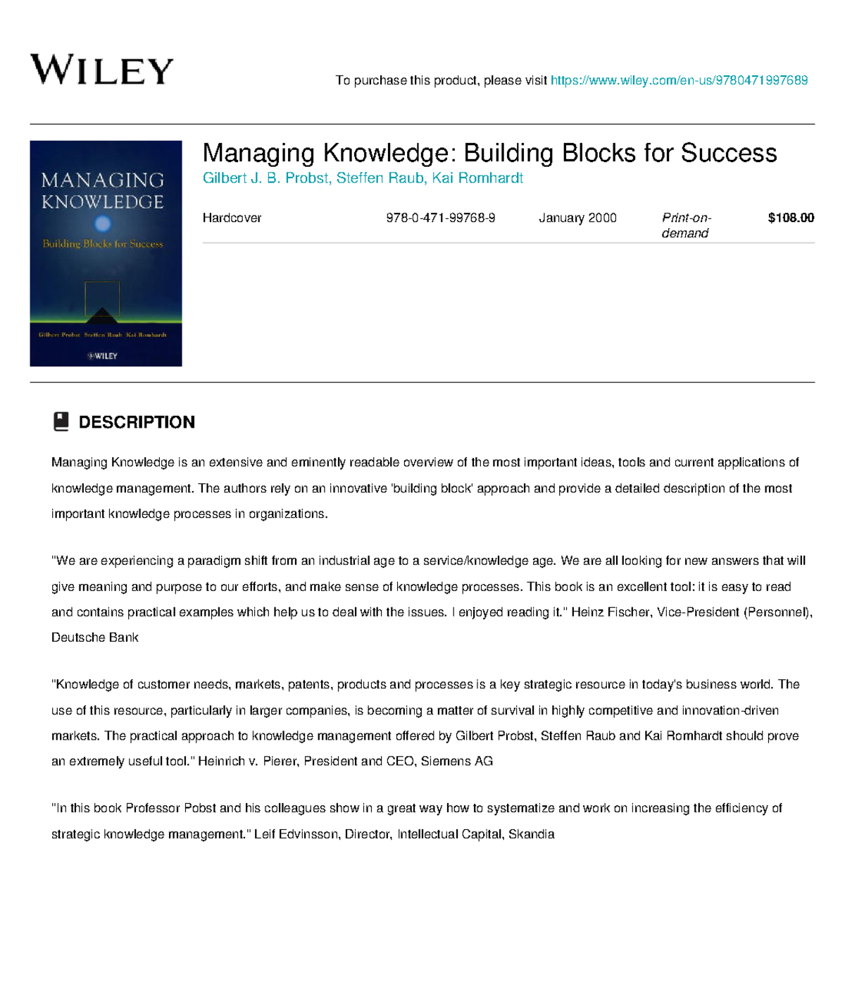 Wiley Managing Knowledge Building Blocks for Success 978-0-471-99768-9 - To purchase this ...