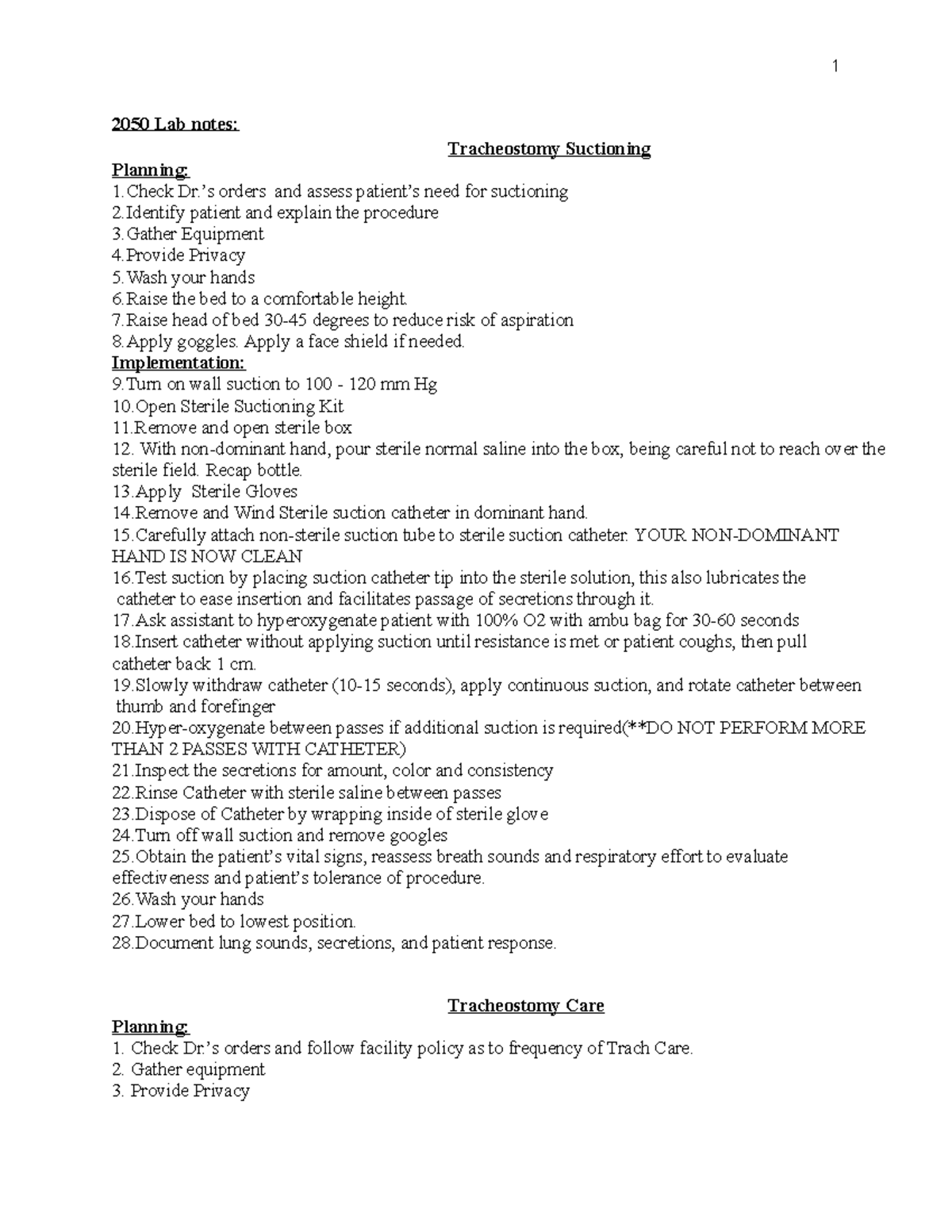 2050 Lab notes - 2050 Lab notes: Tracheostomy Suctioning Planning: 1 Dr ...