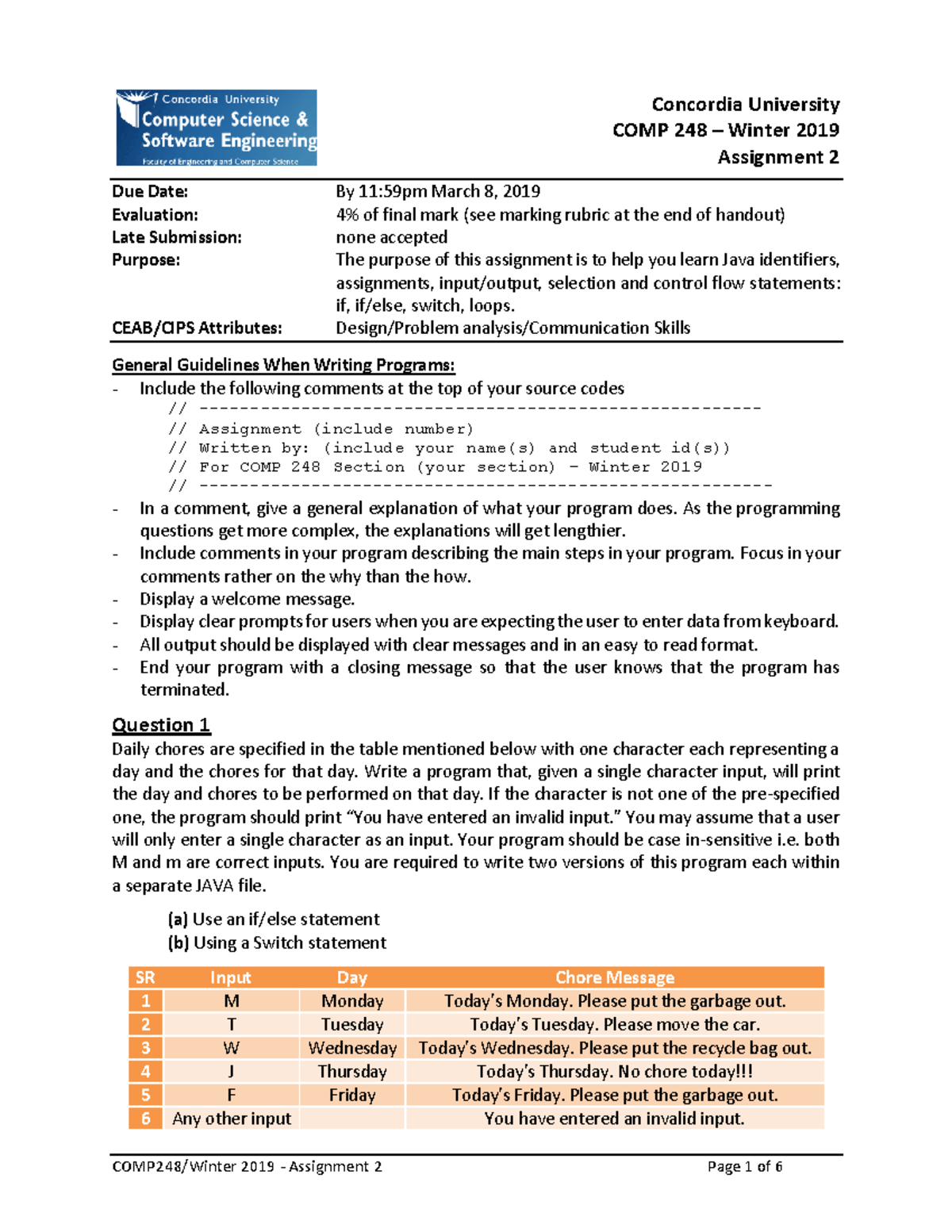 A2-8 - assign - Concordia University COMP 248 – Winter 2019 Assignment 2 Due Date: By 11:59pm ...
