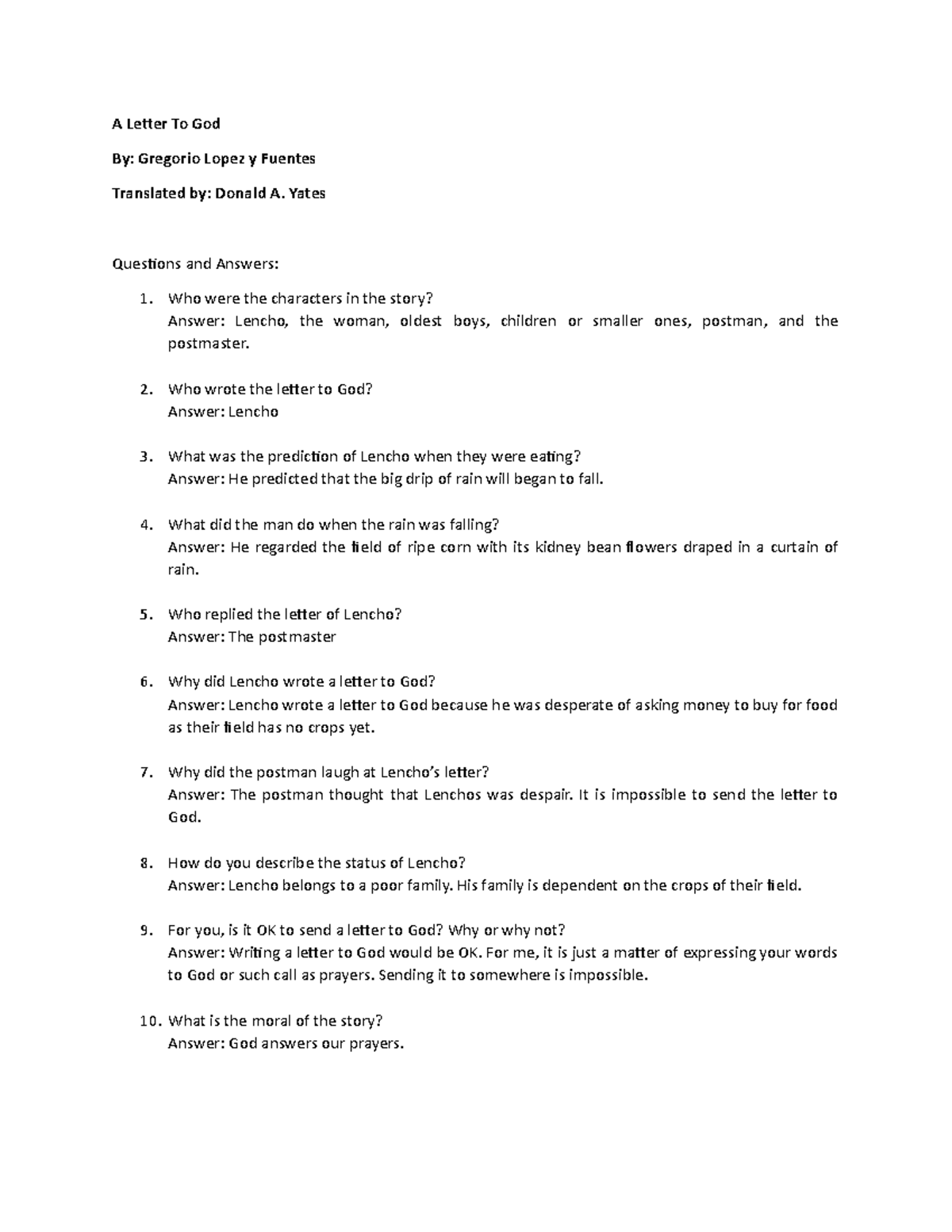 A Letter To God (Questions and Answers) - A Letter To God By: Gregorio ...