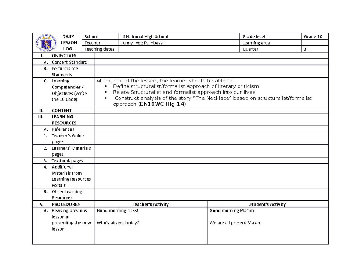 Jing final 063722 - DLP - DAILY LESSON LOG School Ili National High ...